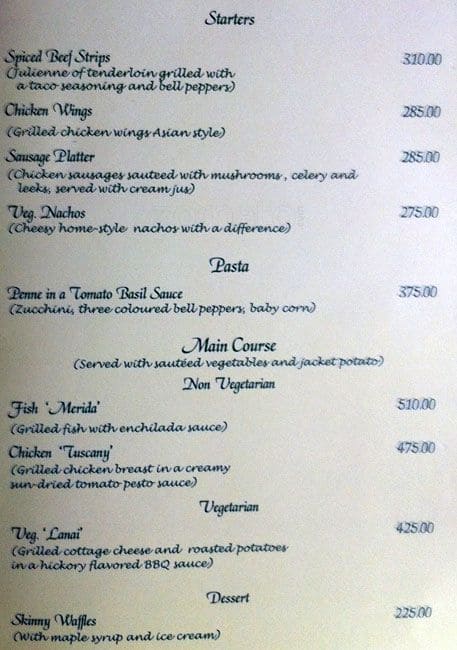 Tangerine, Alwarpet Menu